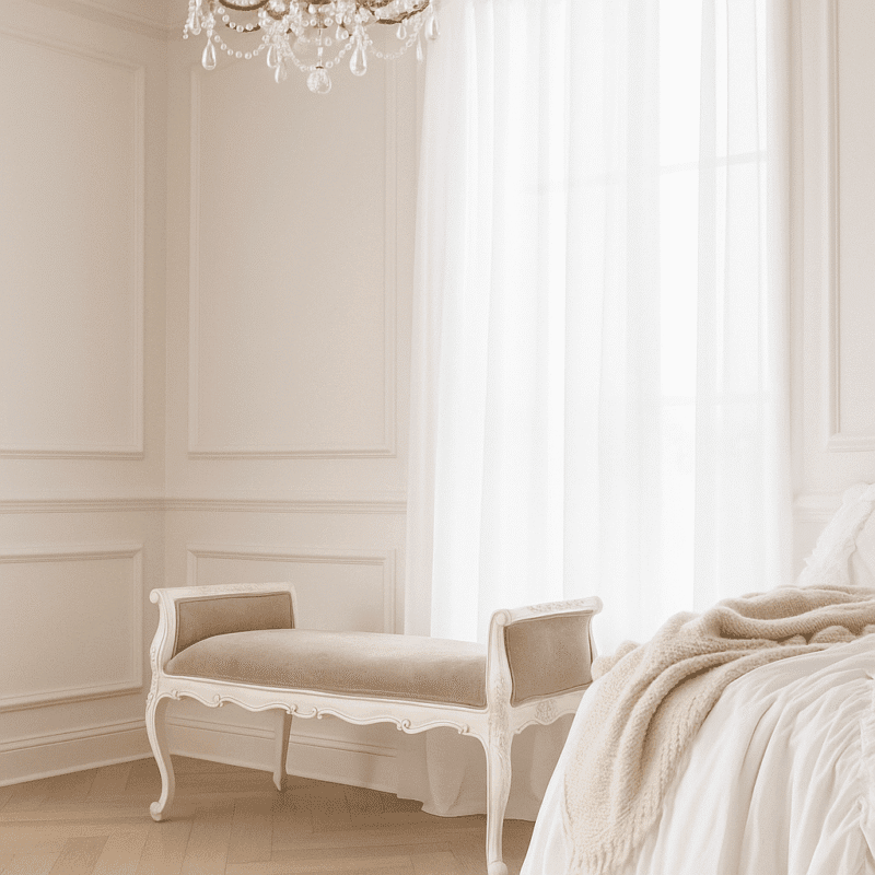 French Provincial Carved Upholstered Bench with Scroll Arms