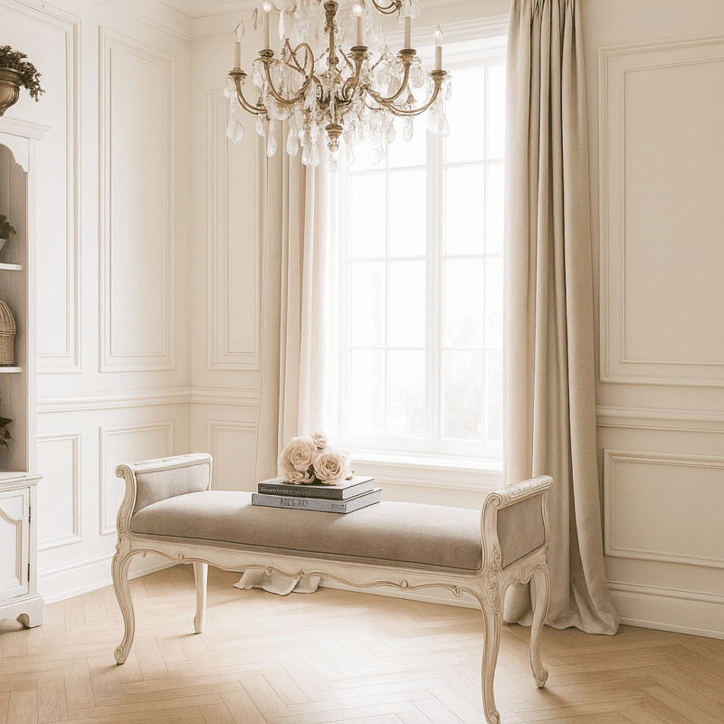 French Provincial Carved Upholstered Bench with Scroll Arms